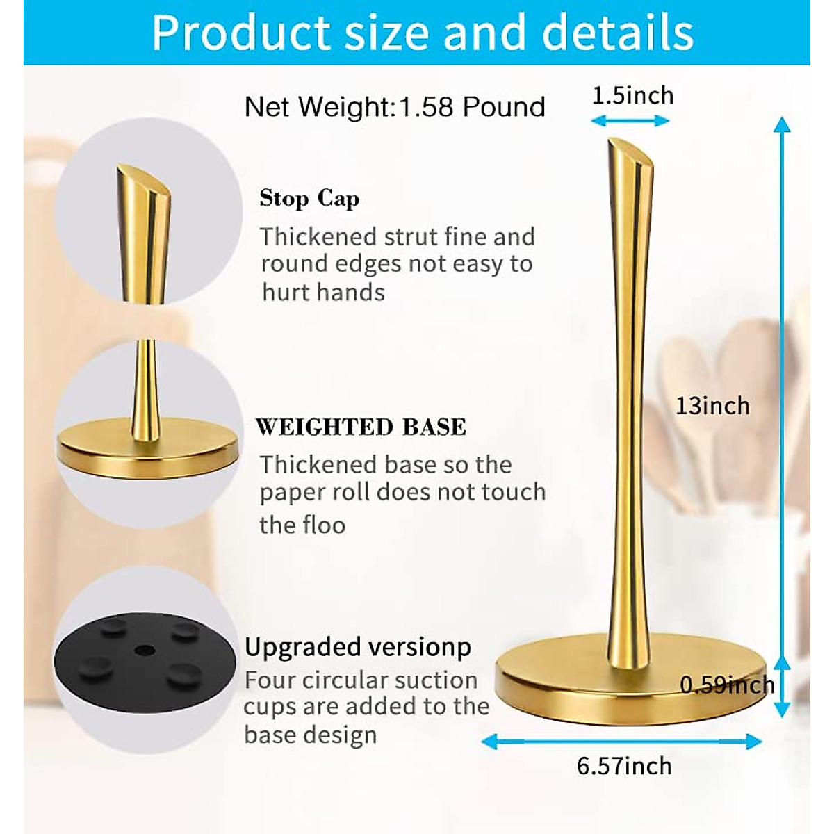 T0SSHPS Paper Towel Holder, Gold Paper Towel Holder, Kitchen Paper Towel Holder Countertop with Suction Cups,Kitchen Paper Towel Holder Made of Stainless Steel Brushed Gold Paper Towel Holder Vertical