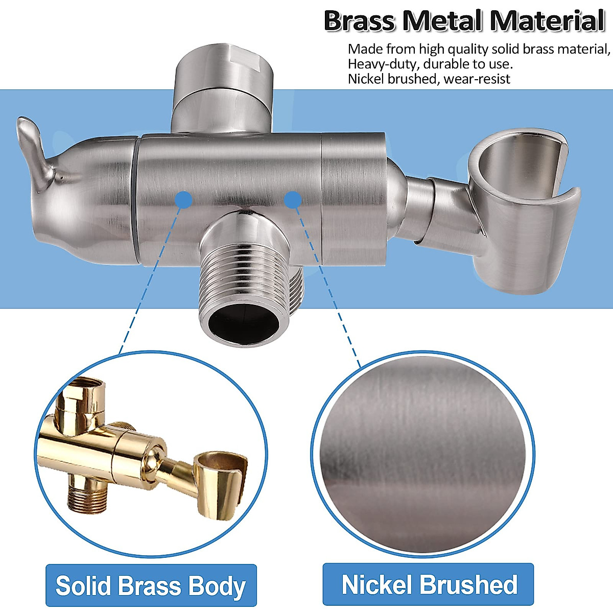 YDmeet Shower Head Holder for Handheld and 3-Way Shower Diverter Valve with Rotation Handheld Mount, All Metal Brass, Brushed Nickel
