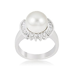 Kate Bissett Genuine Rhodium Plated Bridal Ring with 10 mm Simulated Pearl and Accentuated with Clear CZ Size 10