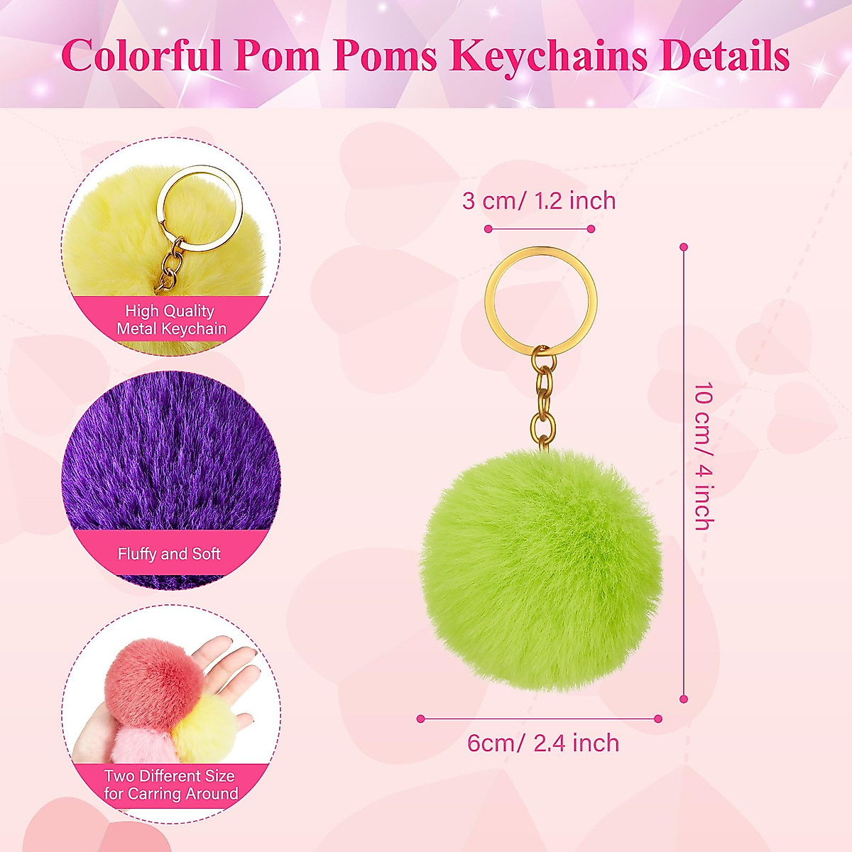 Hicarer 32 Pieces Pom Poms Keychains Fluffy Ball Faux Rabbit Fur Pompoms Keyring for Girls Women DIY Hats Shoes Bags Accessories