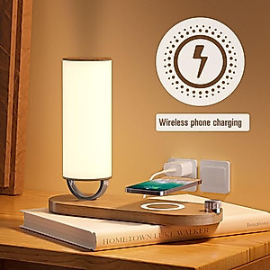 FLYSOFT Small Table Lamp Bedside Lamps for Nightstand Lamp with Wireless Charging, Small Table Lamps for Bedroom and Living Room, Wireless Charging Station Dimmable Lamp