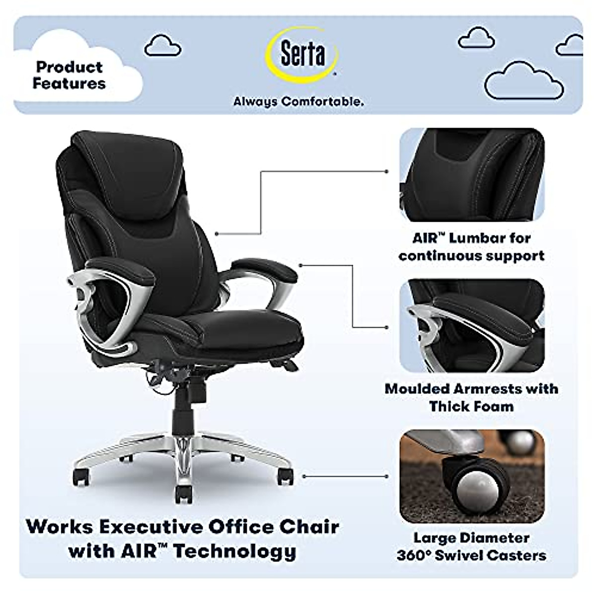 Serta AIR Health and Wellness Executive Office Chair, High Back Big and Tall Ergonomic for Lumber Support Task Swivel, Bonded Leather, Black