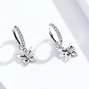 Cute CZ Butterfly Dangle Hoop Earrings for Women S925 Sterling Silver with Charms Huggie Hoops Crystal Drop Cartilage Filigree Jewelry Delicate Fashion Dainty for Dauther