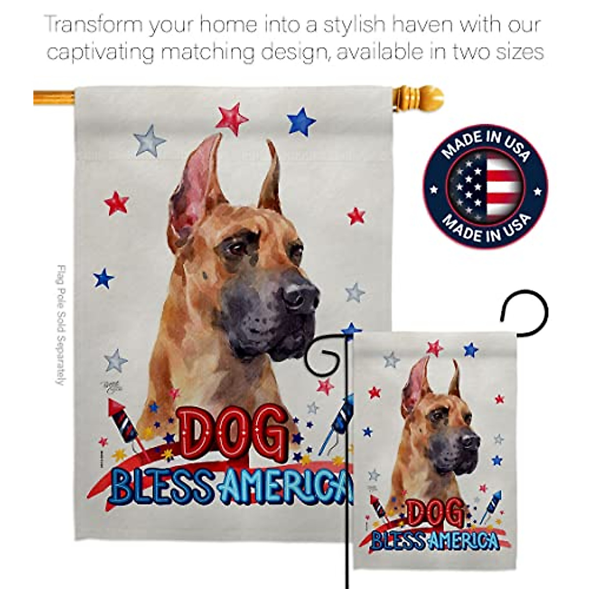 Breeze Decor Patriotic Fawn Dane Garden Flag Set Wood Dowel Dog Puppy Spoiled Paw Canine Fur Pet Nature Farm Animal Creature House Banner Small Yard Gift Double-Sided, Made in USA