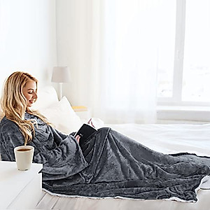 Catalonia Classic Sherpa Fleece Blanket with Sleeves, Super Soft Warm Cozy Wearable Blanket, Portable Travel Blanket Pillow, Gift for Women Men Adult, Grey