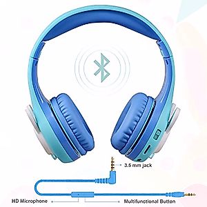 Riwbox RB-7S Rabbit Kids Headphones Wireless, LED Light Up Bluetooth Over Ear Headset Volume Limited Safe 75dB/85dB/95dB with Mic and TF-Card, Children Headphones for Girls Boys (Blue&Green)