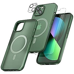 TAURI [5 in 1 Magnetic Case for iPhone 13 [Military Grade Drop Protection] with 2X Tempered Screen Protector +2X Camera Lens Protector, Translucent Matte Slim Fit iPhone 13 Mag-Safe Case 6.1”-Green