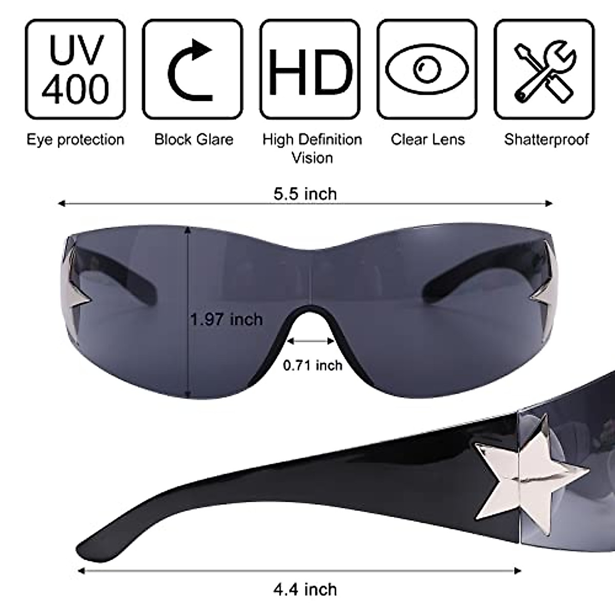 Rimless Y2K Sunglasses for Women Men,Trendy Shield Wrap Around Sunglasses Oversized Fashion Black Frameless Sun Glasses