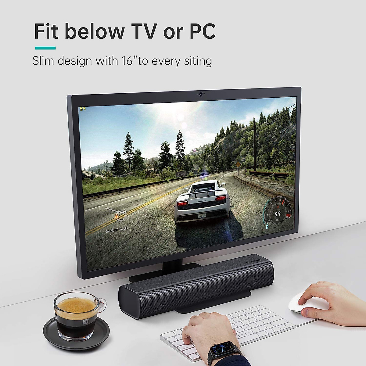 SAKOBS Sound Bars for TV, Soundbar for TV Built-in DSP PC Speaker with Bluetooth, 3D Surround Sound 16'' Mini Sound Bar Audio System for Home Theater/Gaming/Projectors, Combined AUX/Opt Connectivity