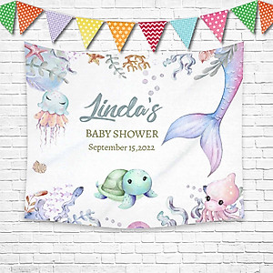 Personalized Mermaid Baby Shower Backdrop, Custom Name Date Baby Shower Backdrop for Girl, Little Mermaid Background for Girls Birthday Baby Shower Party, Mermaid Baby Shower Decorations