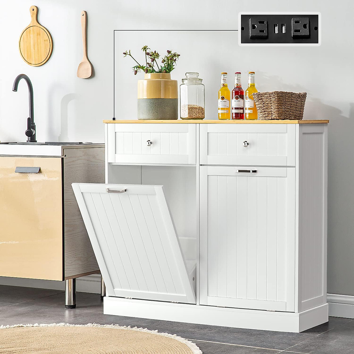 GAZHOME Double Tilt Out Trash Cabinet with Charging Station, Upgrade Wooden Free Standing Trash Cabinet with Outlet,Recycling Cabinet with Hideaway Drawer,20 Gallon Tilt Out Trash Cabinet (White)