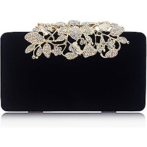 Dexmay Velvet Women Clutch Evening Bag with Rhinestone Crystal Flower Clasp Formal Purse for Party Black