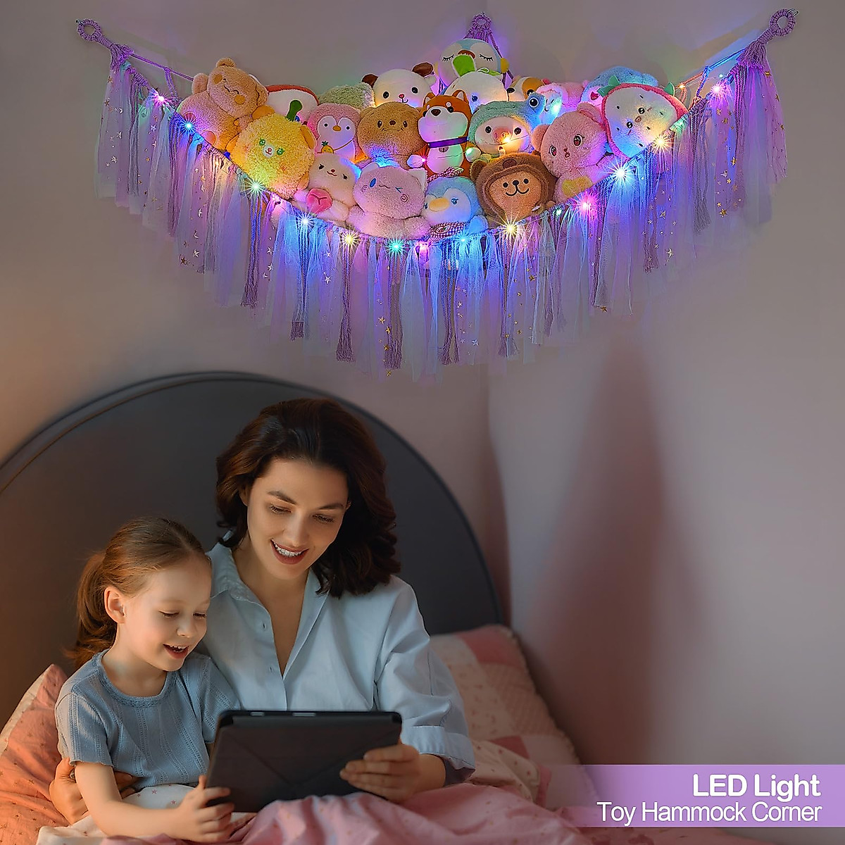 FIOBEE Stuffed Animals Net or Hammock with LED Light, Toy Hammock Hanging Stuffed Animals Storage Organizer Holder Room Décor for Nursery Kids Bedroom