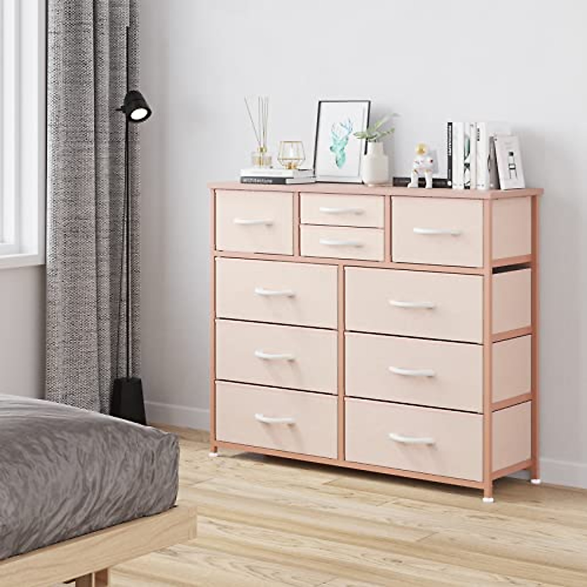 LUMTOK 10-Drawer Dresser, Fabric Storage Dressers Drawers for Bedroom, Hallway, Nursery, Closets, Steel Frame, Wood Top, Easy Pull Handle (Rose Gold)