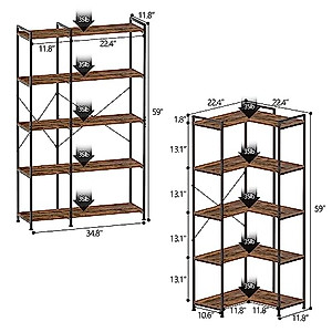 Tohomeor Bookshelf 5 Tier Deformable Corner Bookcase Free Standing Modern Industrial Book Storage Display Book Shelf for Bedroom Living Room Study Room Office (Brown)