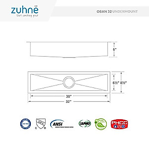 Oban 32 inch Undermount 16 Gauge Stainless Steel Trough Wet Bar or Prep Sink by Zuhne