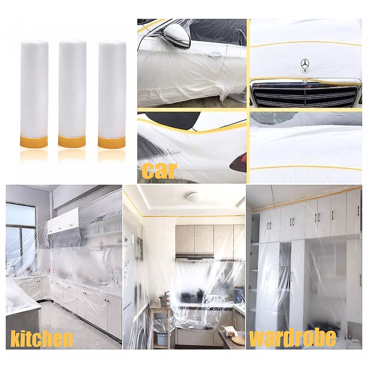 Painters Plastic With Tape, Pre-Taped Masking Film, 3 Rolls Automotive Best Tape and Drape, Paint Adhesive Protective Film Roll for Covering Skirting, Frames, Cars and Auto Body (5 X 65-Feet) (3)