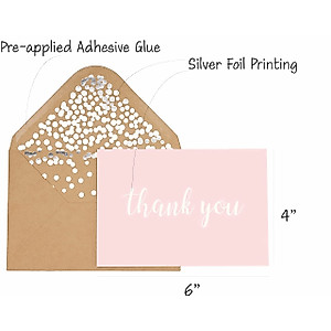 Thank You Cards - Blank 50 Pack Foiled "Thank You" Printed with 52 Foil Embossed Kraft Envelopes 4" x 6" - for Wedding Bridal Shower Baby Shower Birthday Party (Pink)