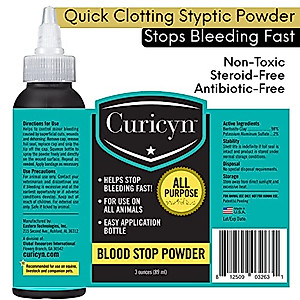 Curicyn Blood Stop Powder - Quick Clotting Styptic Powder for Dogs, Cats, Pigs, Horses, and Pets – All Natural Quick Clot Stop Bleeding Powder for Dog Nails and Minor to Severe External Wounds (3 oz)