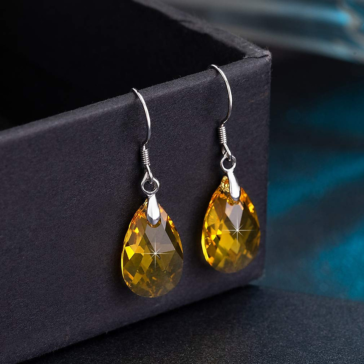 Teardrop Austrian Crystal Drop Dangle Earrings for Women 925 Sterling Silver Hook Hypoallergenic Earring (Yellow)