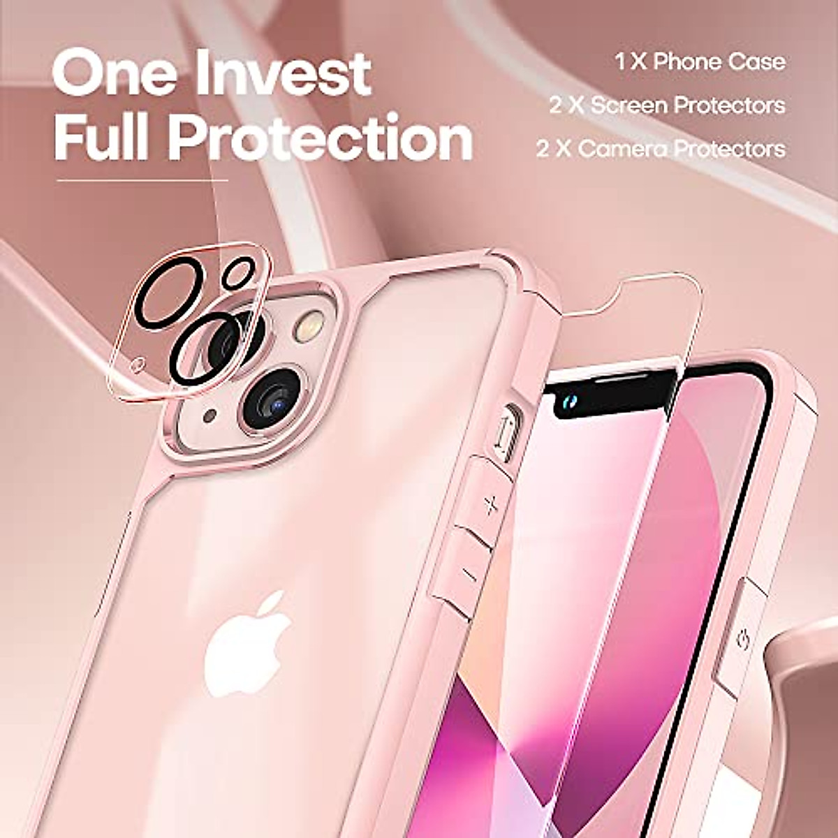TAURI [5 in 1 Designed for iPhone 13 Case, [Not-Yellowing] with 2X Tempered Glass Screen Protector + 2X Camera Lens Protector [Military-Grade Drop Protection] Shockproof Slim 6.1 Inch Pink…、