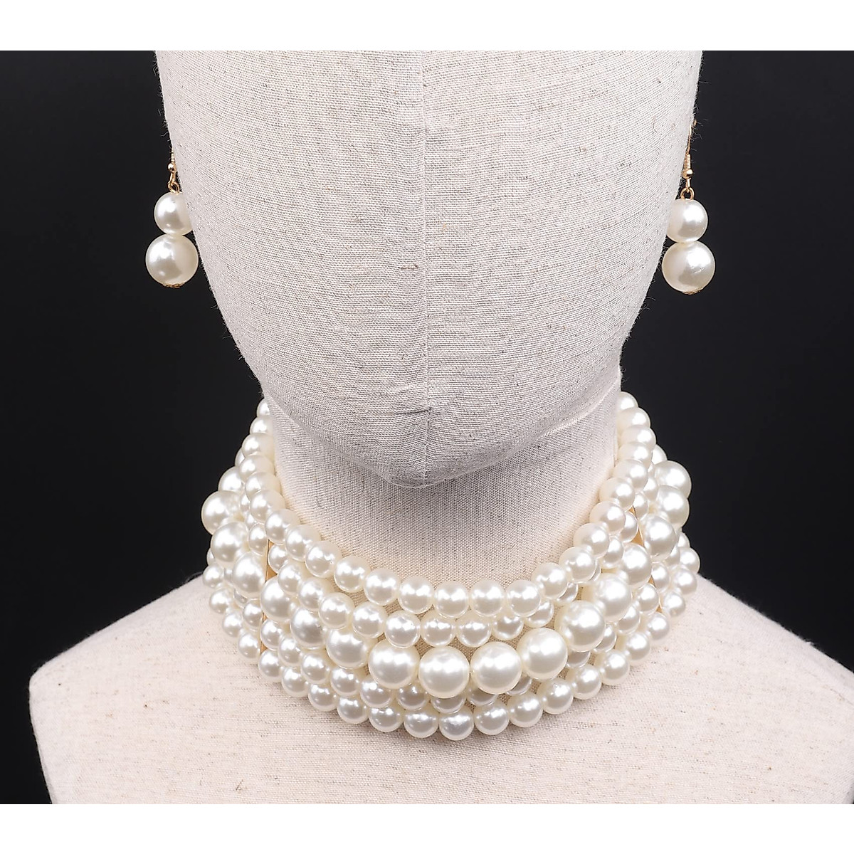Wekicici Pearl Necklace Earrings Set Multi-Layer Pearl Choker Necklace Costume Accessories for Women