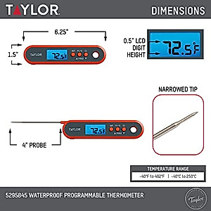 Taylor Digital Waterproof Food Meat and Candy Thermometer, with a Folding Probe, programmable presets, Backlit Display, andIncludes 2 AAA Batteries