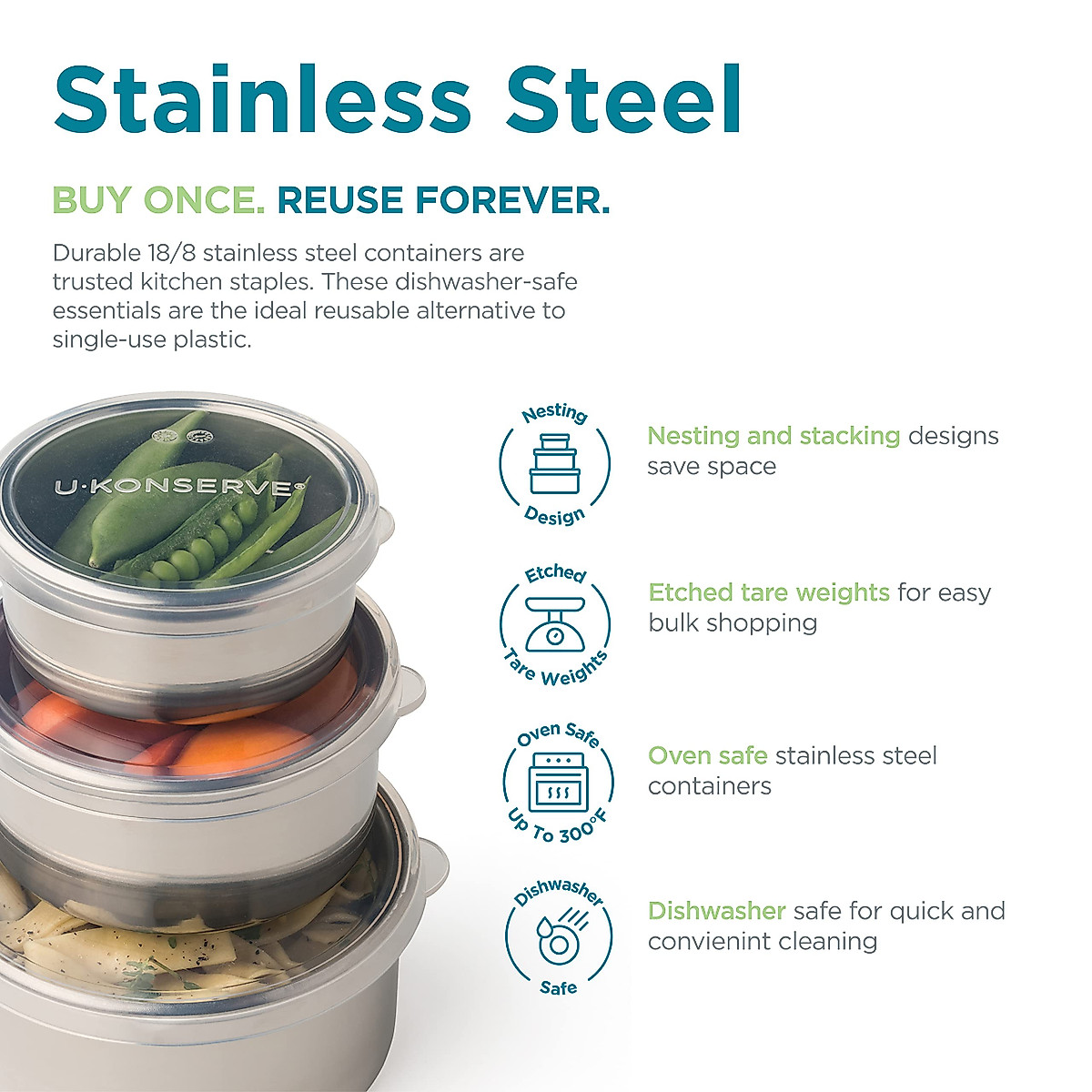 U Konserve Stainless Steel Food Storage Bento Box Container, Leak Proof Silicone Lid Dishwasher Safe - Plastic Free (15oz Clear)