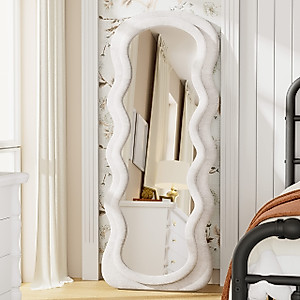 TinyTimes 63" x 24" Wavy Full Length Mirror, Irregular Floor Mirror, Freestanding, Flannel Frame, Fashion Modern Design Wavy Wall Mirror, Large Wall Mirror-White