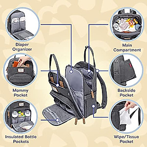 Diaper Bag Backpack, RUVALINO Neutral All-in-One Baby Bags for Boy Girl, Multifunction Large Travel Backpack with Portable Changing Pad, Stroller Straps, Pacifier Case and Insulated Pockets, Dark Gray