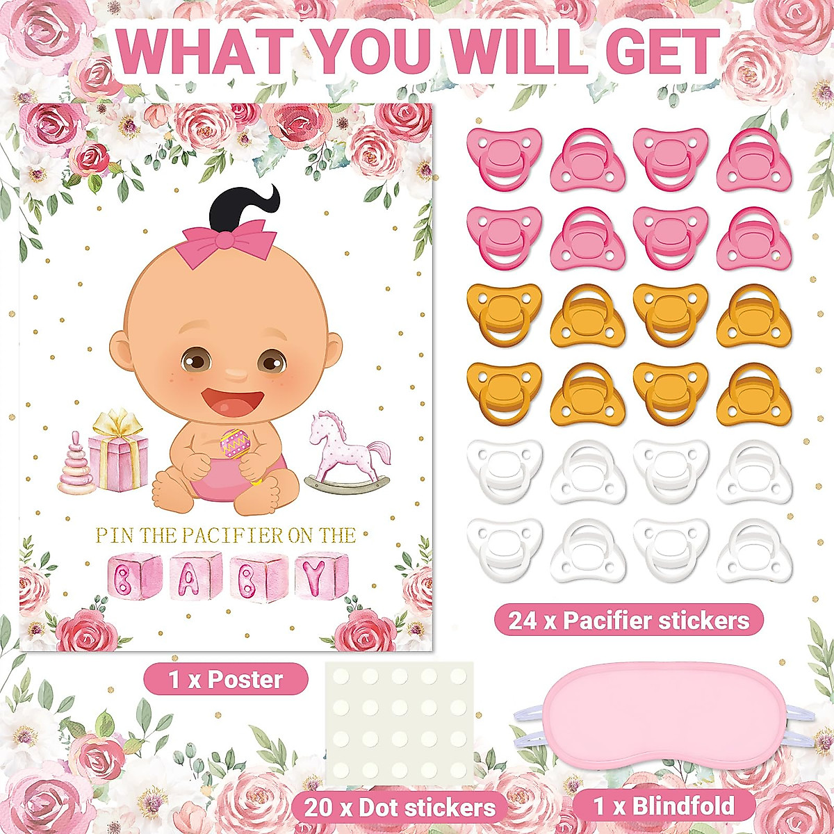 Faccito Pin The Pacifier Baby Shower Games Baby Shower Decoration Include Baby Poster 24 Pacifier Stickers Blindfold Floral Pin Pacifier on Baby Game for Baby Shower Birthday Party Supplies(Pink)