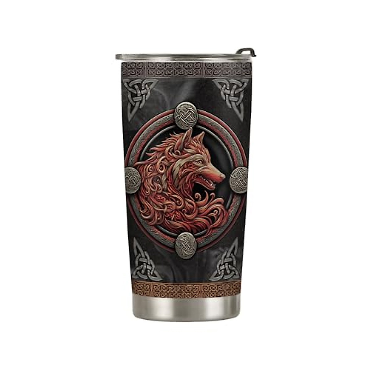 20oz Viking Celtic Fire Wolf Tumbler, Norse Mythology, Viking Gifts for Men, Coffee Thermos for Men, Stainless Steel Double Wall Vacuum Insulated Coffee Mug, Travel Cup with Lid
