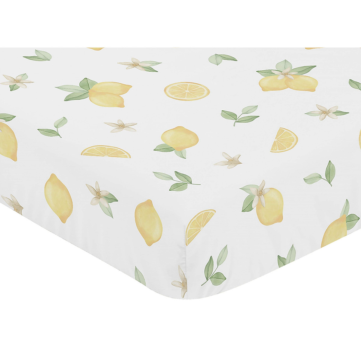 Sweet Jojo Designs Lemon Floral Girl Fitted Crib Sheet Baby or Toddler Bed Nursery - Yellow Green Beige White Watercolor Boho Bohemian Farmhouse Fruit Flower Blossom Botanical Leaf