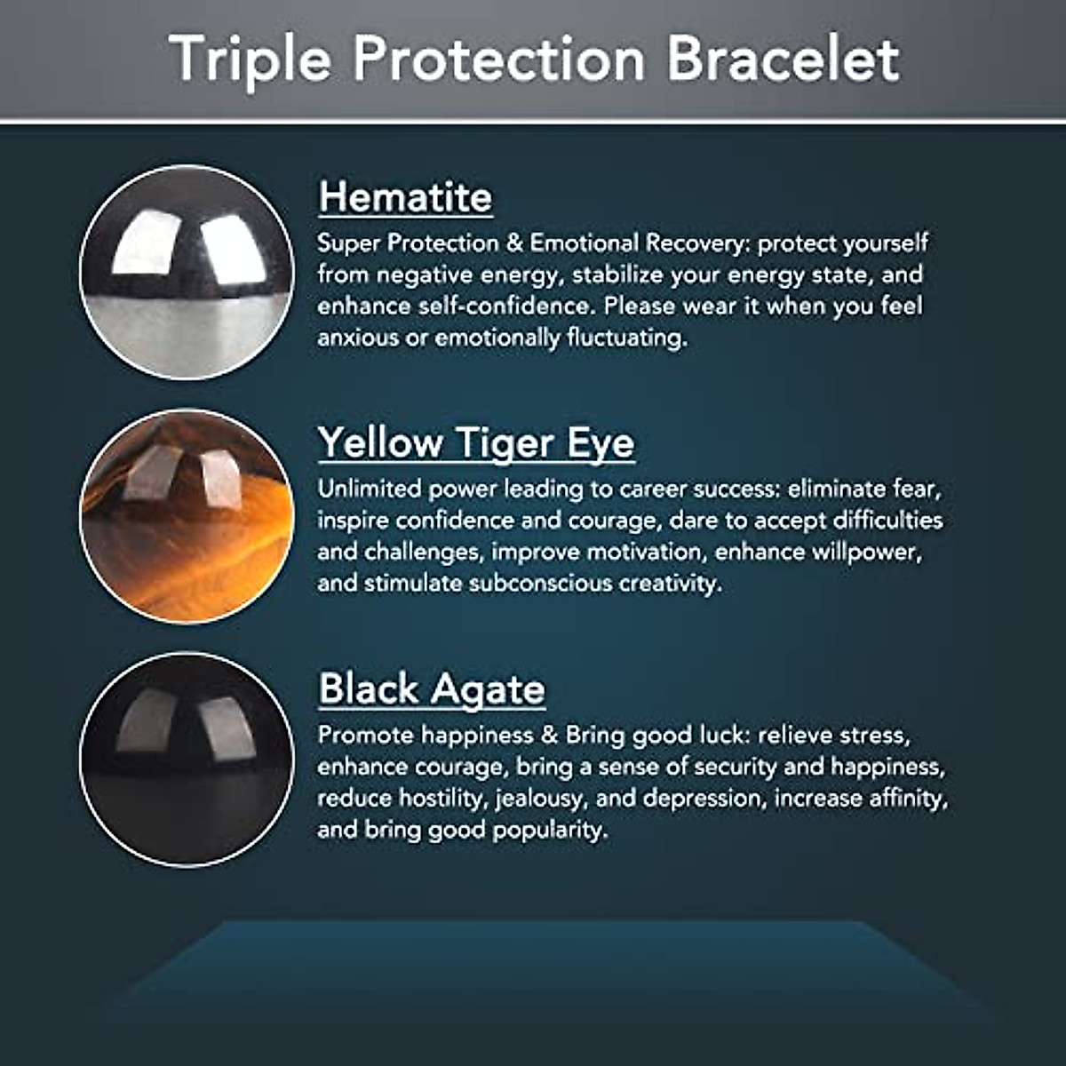 Verybegin Handmade Bracelet, Protection Bracelet, 8mm Beads of Natural Black Hematite and Yellow Tiger Eye and Black Agate Stone Bracelet, Bring Luck and Prosperity and Happiness