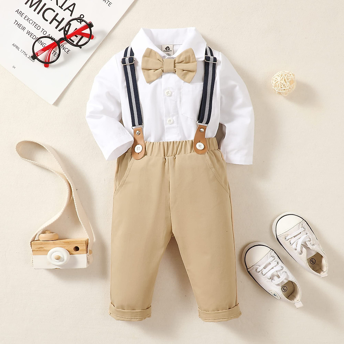 PURSKYY Baby Boy Dress Clothes 3-6 Months, Newborn Gentleman Outfit, Long Sleeves Shirt+ Bowtie+ Khaki Suspenders Pants, Fall Winter Infant Wedding Suit Set