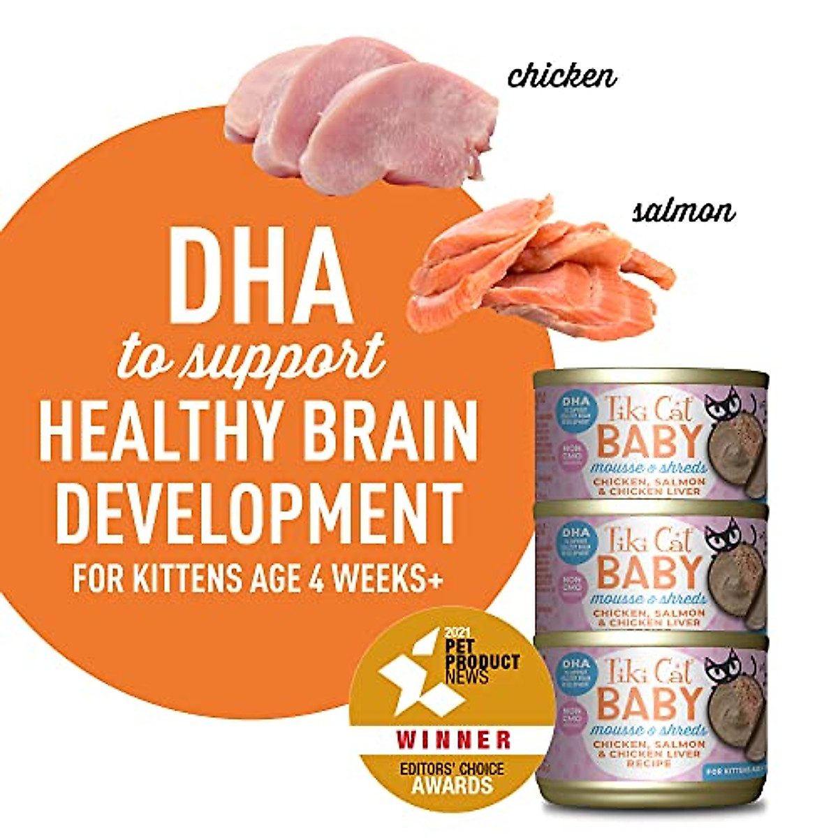 Tiki Cat Baby Mousse & Shreds, Chicken, Salmon, and Chicken Liver, High-Protein, Wet Cat Food for Kittens 4 Weeks+, 1.9 oz. Cans (Pack of 3)