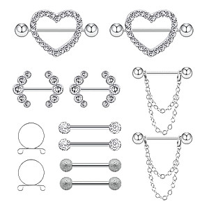 PiercingArt 12PCS Heart Nipple Rings Rhinestone Surgical Steel Nipple Ring Shield Shape Sexy Nipple Piercing Jewelry Barbell Hoops Chain Stainless Steel Sexy Body Jewelry For Women Men 14G