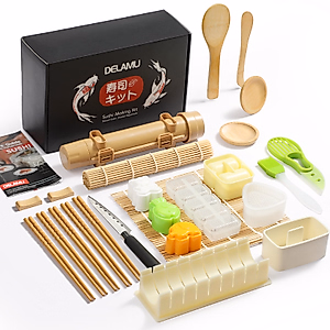Delamu Sushi Making Kit, 23 in 1 Sushi Maker Bazooker Roller Kit with Bamboo Mats, Chef's Knife, Triangle/Nigiri/Gunkan Sushi Rice Mold, Chopsticks, Sauce Dishes, Rice Spreader, User Guide