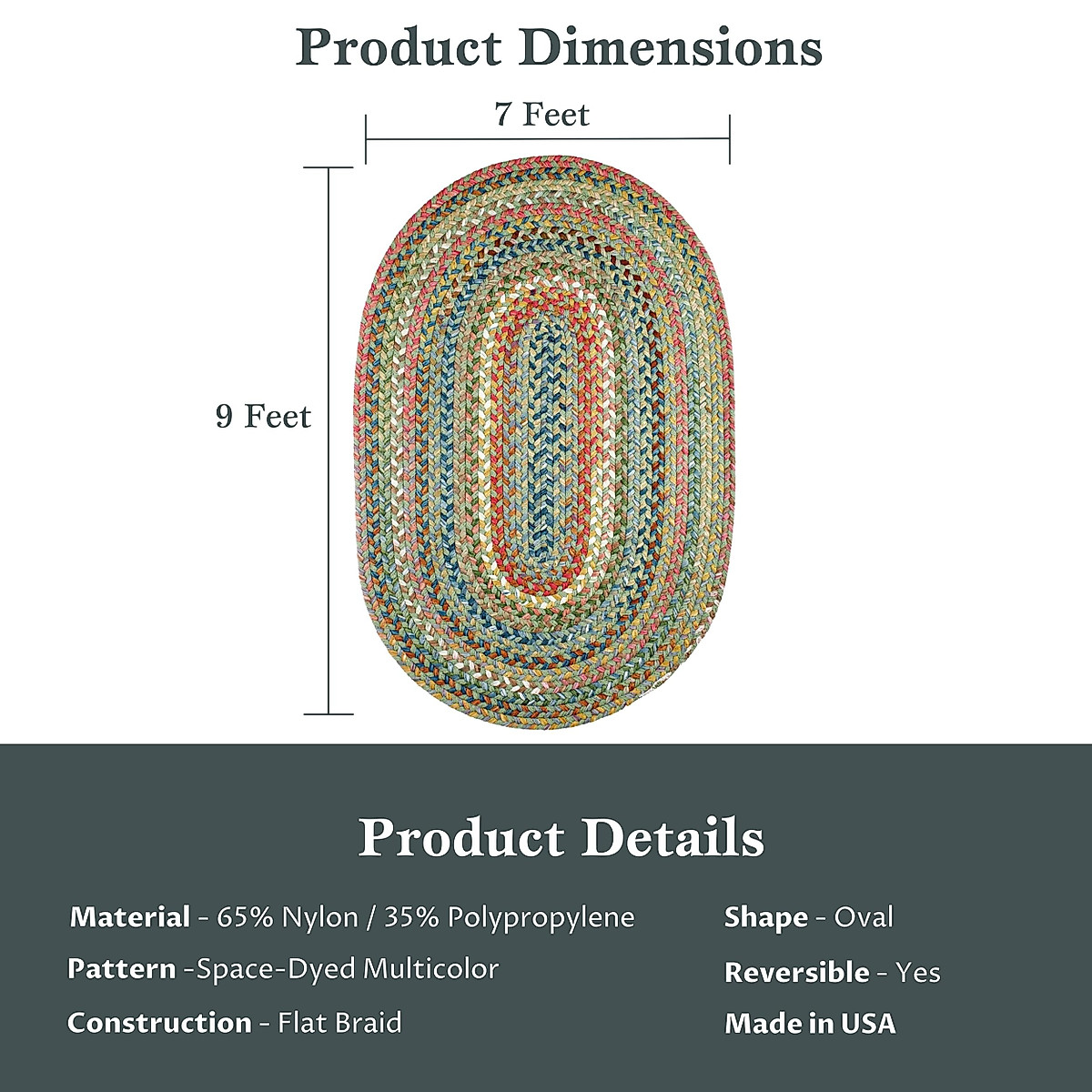 Rhody Rug Country Jewel CJ65 Peridot 7' x 9' Oval - Braided Area Rug, Home Decor, Floor Mat or Bedroom Rug - Easy Care, Ideal for High Traffic Areas in Hallway and Living Room - Made in USA