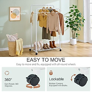 Hoctieon Double Rod Clothes Rack, 2 IN 1 Clothing Rack with Shelves and Wheels for Easy Mobility, Multi-functional Bedroom Garment Rack with 8 Hooks, White