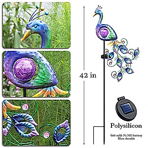 DenicMic Peacock Solar Garden Lights Outdoor, Solar Powered Garden Stake Decorative Christmas Yard Art Metal & Glass Waterproof Decro for Pathway Patio Landscape Lawn Courtyard 42 inch
