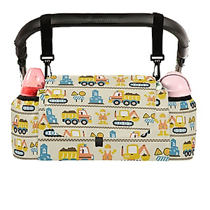 Cartoon Car Stroller Organizer with Cup Holder Universal Stroller Organizer Bag Detachable Shoulder Strap Stroller Accessories for Diaper Snacks Toys Keys Fit All Baby Stroller