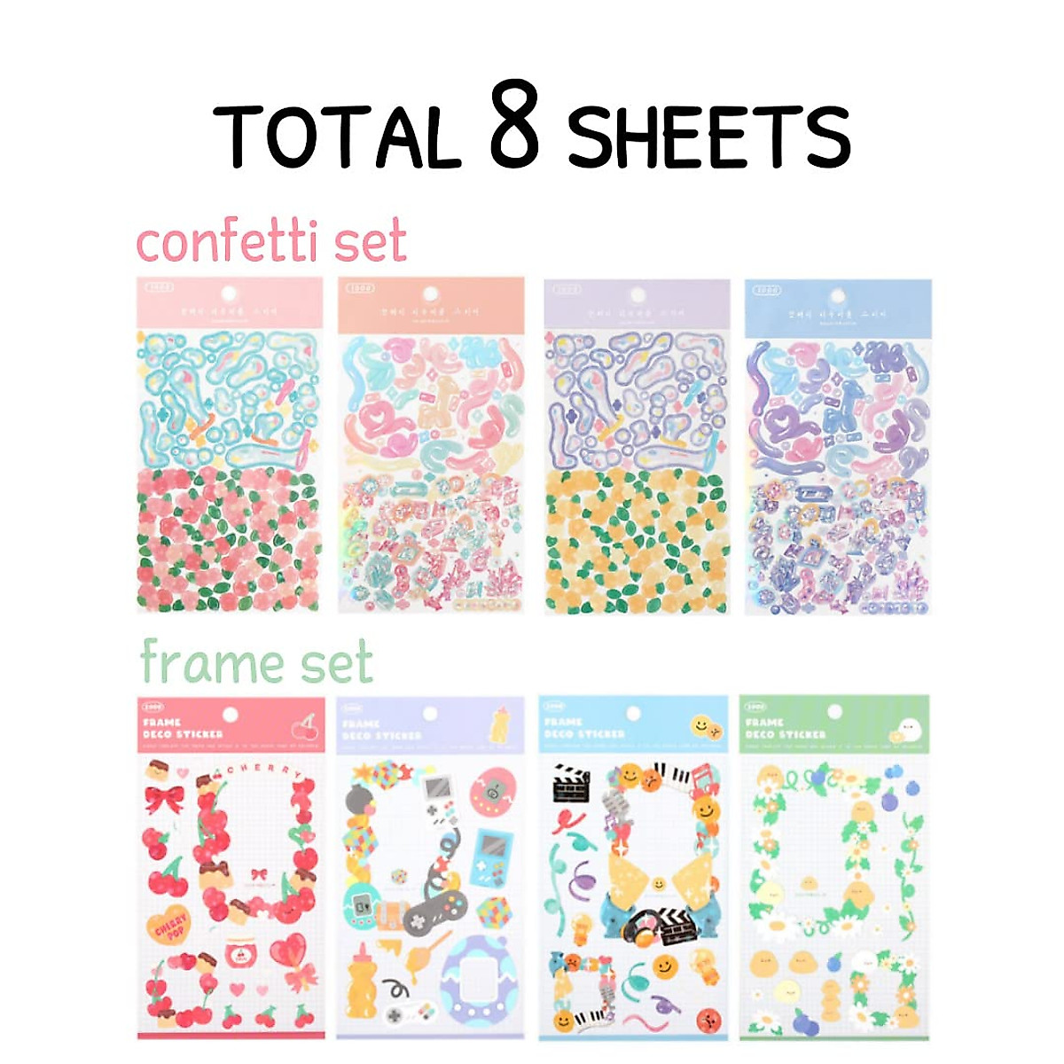 Cute Essential Kawaii Aesthetic Stationery Sticker Pack - 8 Sheets (258+ Stickers) - for Planners, journals, scrapbooks, Gifts, Kpop photocards, polocos, Frame, Removable, Confetti, Flowers, Bubble