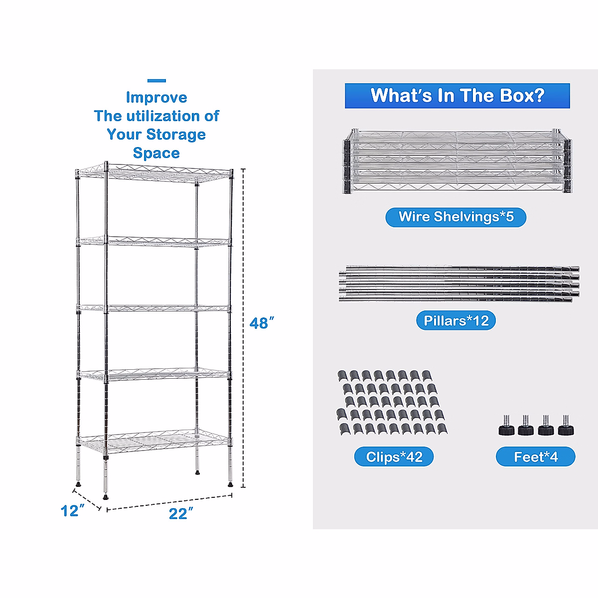 5-Tier Metal Wire Shelving Unit Kitchen Shelf Organizer Kitchen Storage Rack Utility Shelf Snack Shelf, NSF Certified Storage Shelves for Storage, Garage Shelving Storage Shelf Pantry Shelves