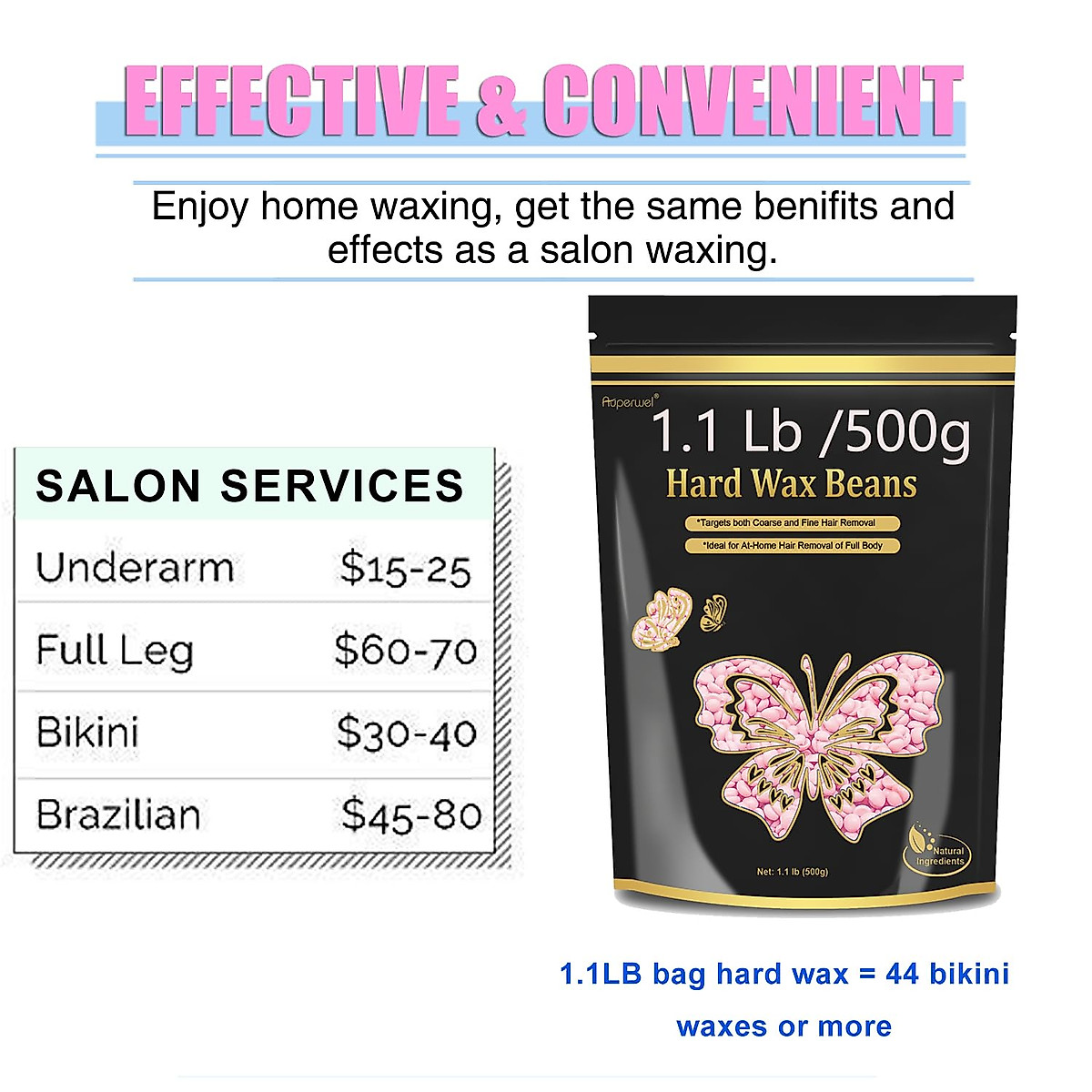 Auperwel Wax Beads for Hair Removal, 1.1LB Painless Salon Hard Wax Beans for Bikini, Eyebrow Facial, At Home Pearl Waxing Beads for Sensitive Skin with 20 Spatulas for Women Men(Rose)