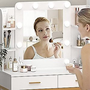 Vabches Makeup Vanity with Lighted Mirror,Vanity Mirror with Lights and Table Set,Vanity Set with 10 LED,Vanity Desk with 3 Lighting Modes and 2 Drawers&Cushioned Stool for Bedroom.