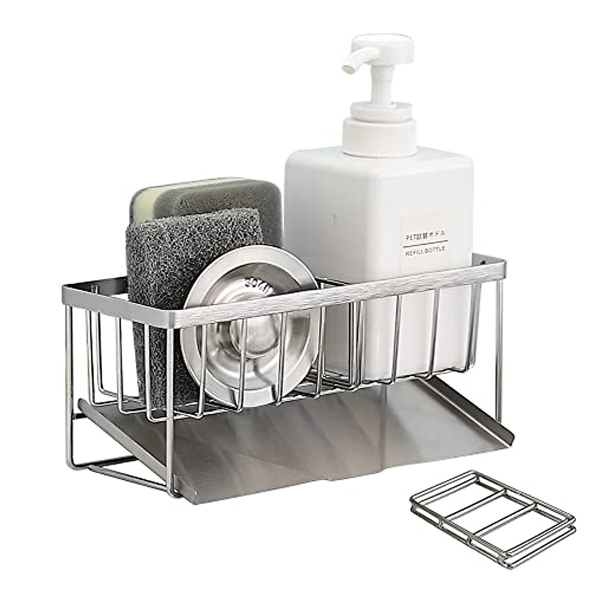 AUTO REVIVO [Upgraded] Sponge Holder for Kitchen Sink, Stainless Steel Sponge Rack with Auto Overflow, Multifunctional Kitchen Sink Caddy Organizer, Soap Dish Dispenser Brush Holder