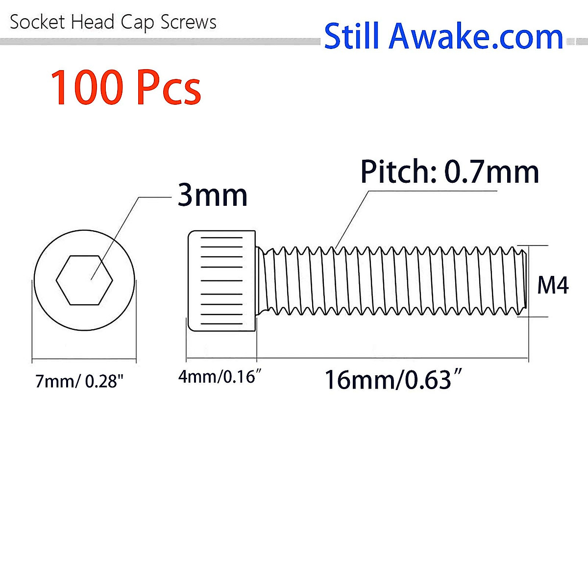 100 Pcs M4-0.7x16mm Stainless Steel Hex Socket Head Cap Screws Bolts Inner Hex Socket Bolt DIN 912