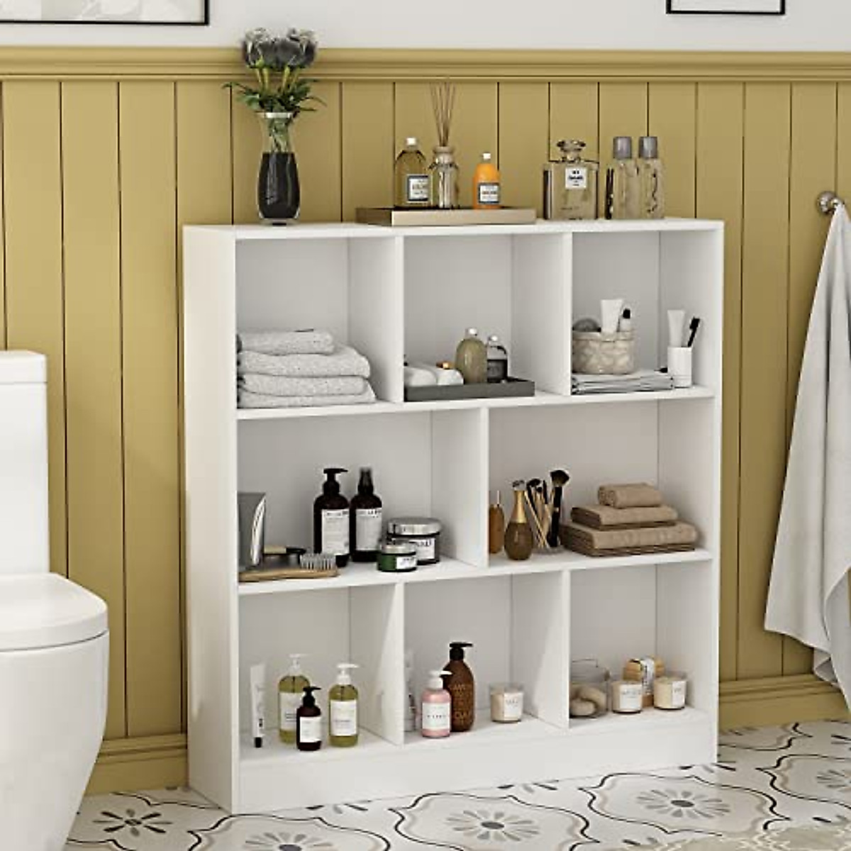 AIEGLE 8 Cube Bookcase Bookshelf, 3-Tiers Wood Cube Shelf Bookcase, Kids Bookshelf for Bedroom Living Room, White (39.4" L x 9.4" W x 40.9" H)