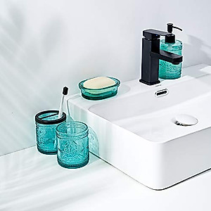 Teal Blue Glass Bathroom Accessories Set with Decorative Pressed Pattern - Includes 2 Hand Soap Dispenser & Tumbler & Soap Dish & Toothbrush Holder (Teal Blue)